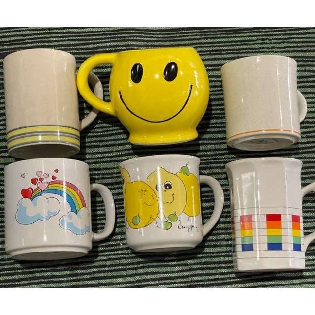 Mixed Set of 6 Vintage Yellow Coffee Mugs Including a Smiley Face Mug ...