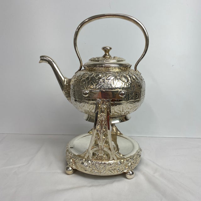 Antique Adelphi Silver Plate Repousse Tea Kettle on Stand | Chairish