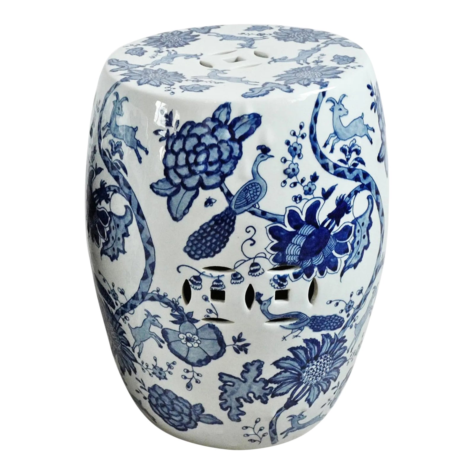 Indigo Blue Floral Bird Ceramic Stool | Chairish