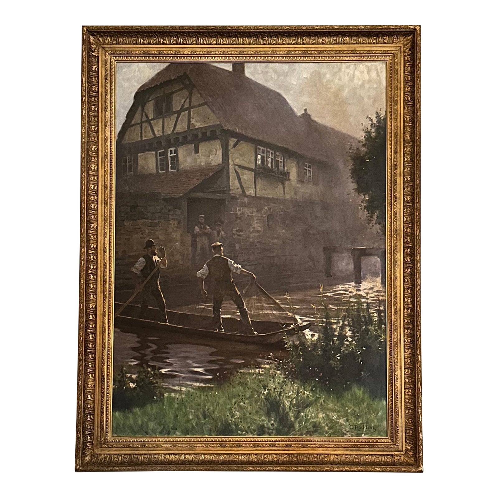 Fishing in a Castle Moat, Framed Oil on Canvas by Carl Rochling | Chairish
