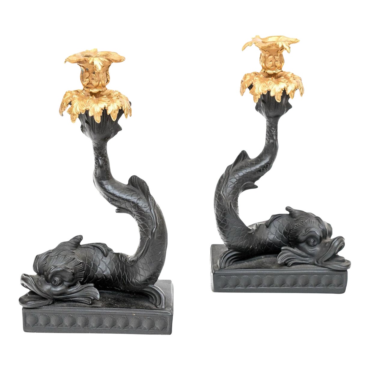 Wedgwood Basalt Dolphin Form Candlesticks With Gilt Rococo Candle ...