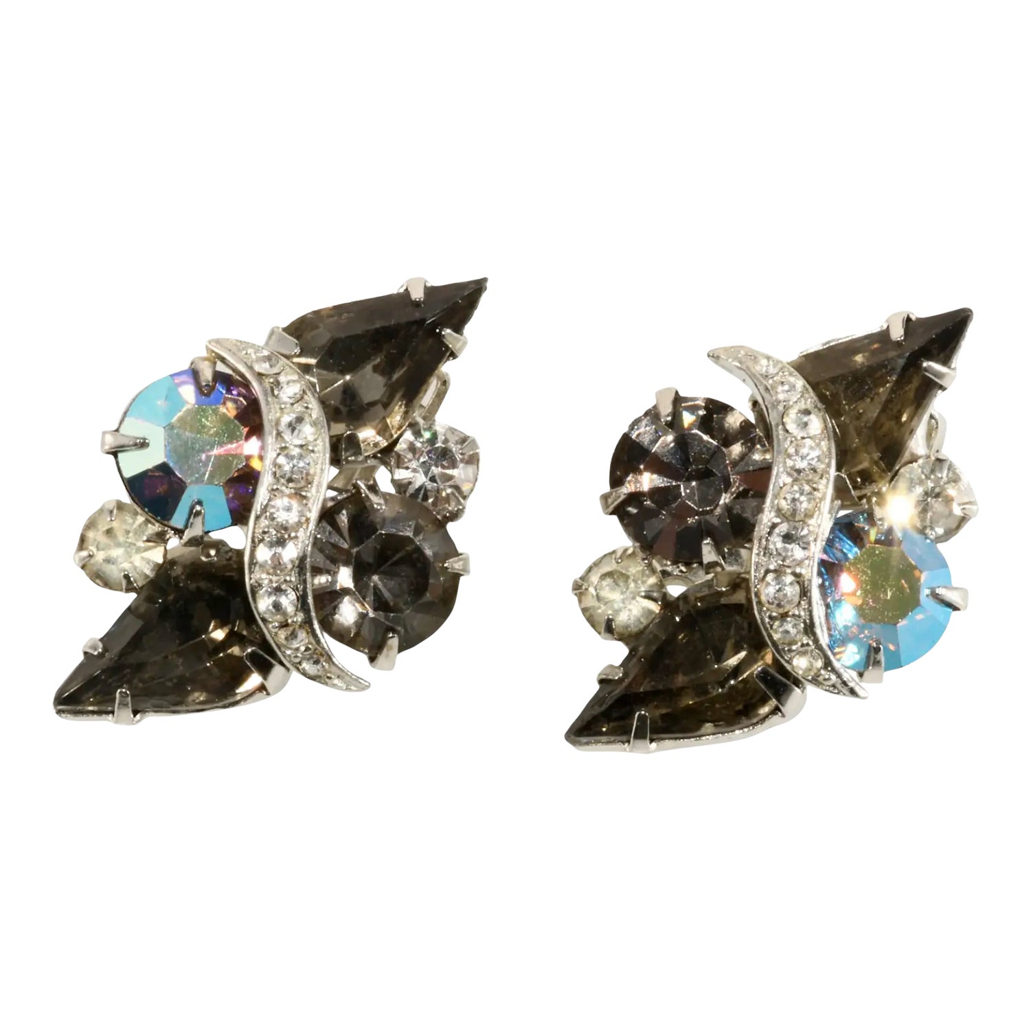Vintage Kramer Gray Clear & Iridescent Rhinestones Earrings - 2 Pieces ...
