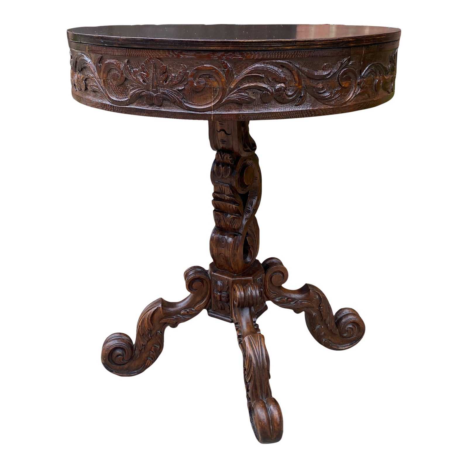 Antique French Carved Round Oak Table | Chairish