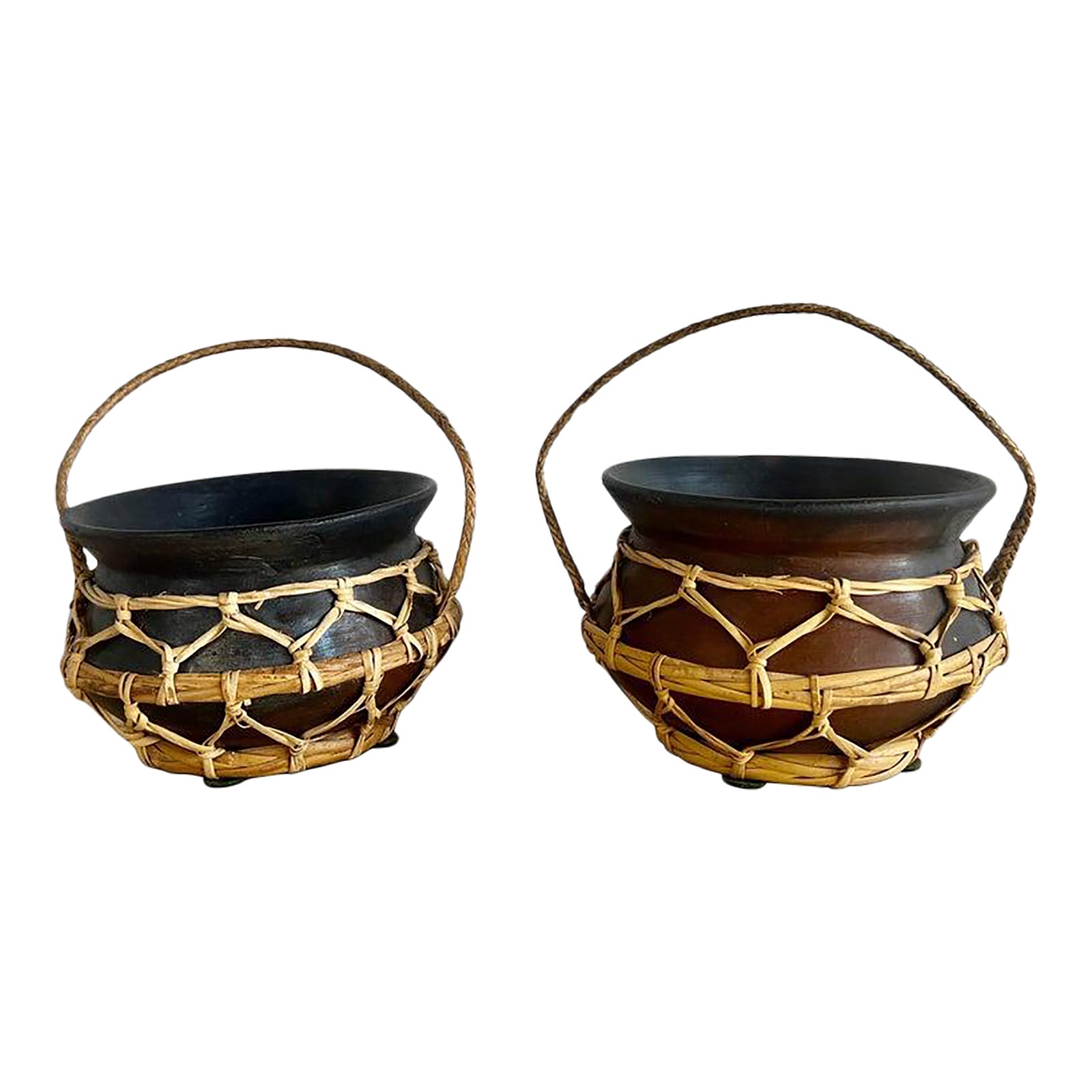 Pair of Antique Nigerian Nupe Clay Pots W/ Rattan Handles | Chairish