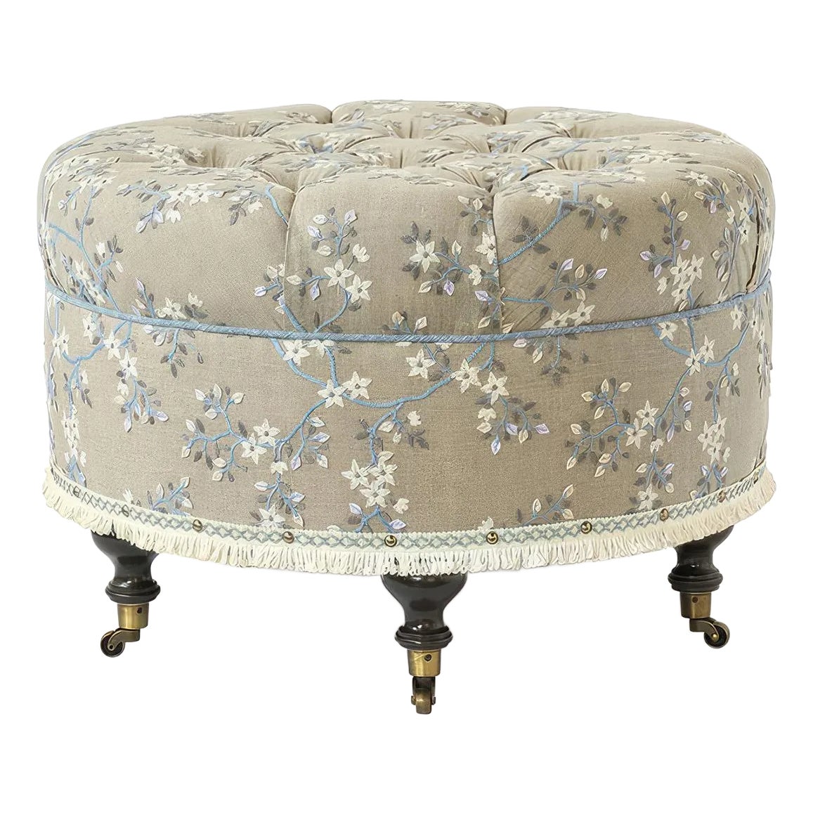 Traditional Embroidered Round Poof | Chairish