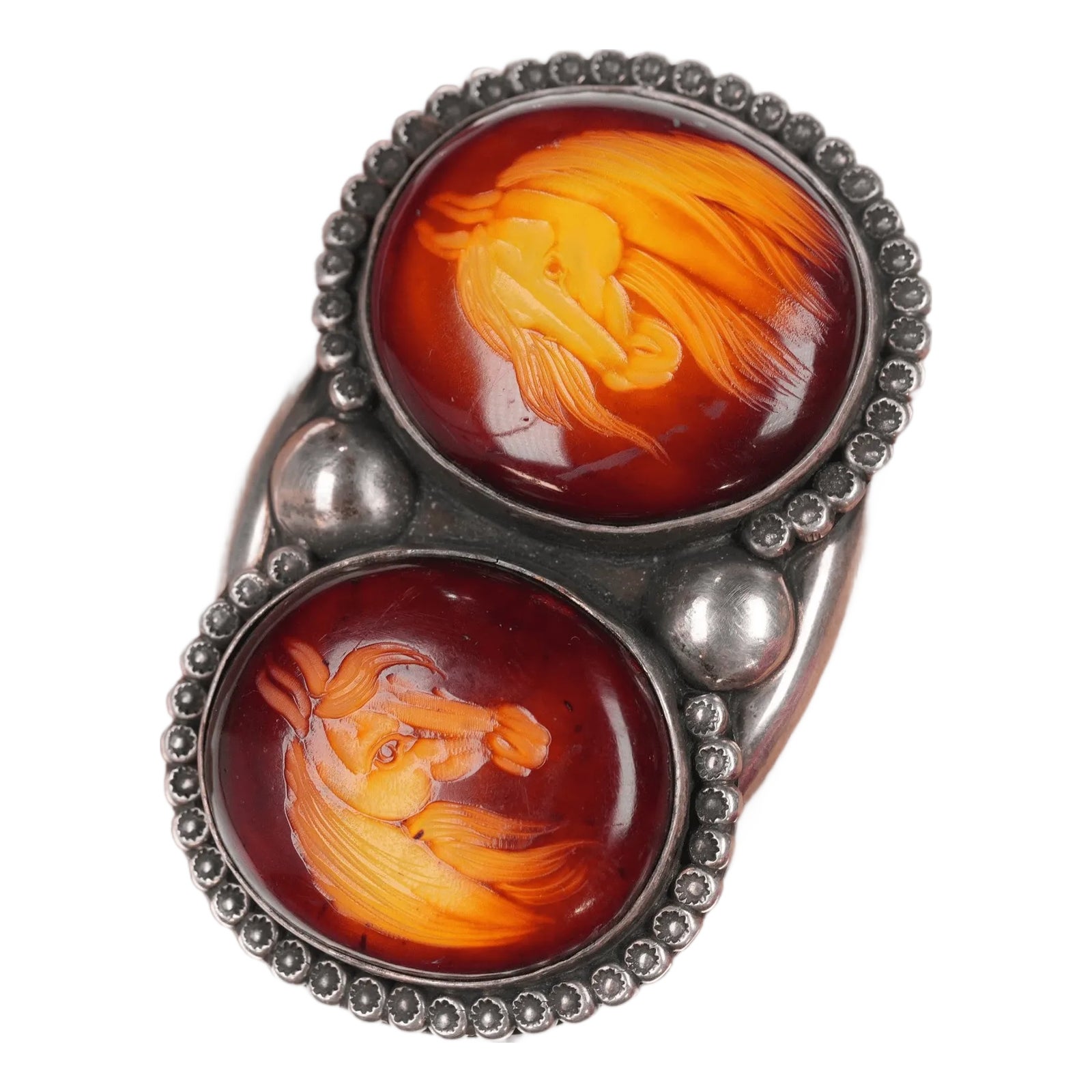 6 3/8" Art Tafoya Yaqui Carved Amber Silver Cuff Bracelet | Chairish