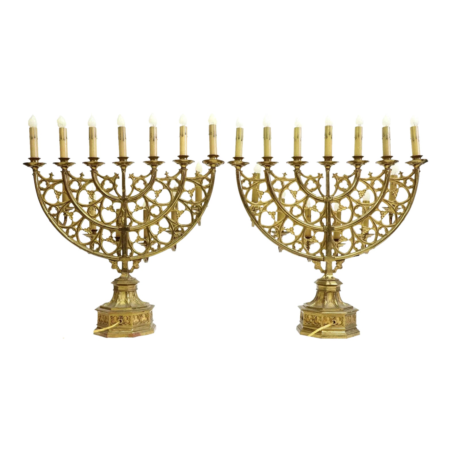 20th Century Gothic Revival Gilt Metal 13-L Menorah Style Two Tiers ...