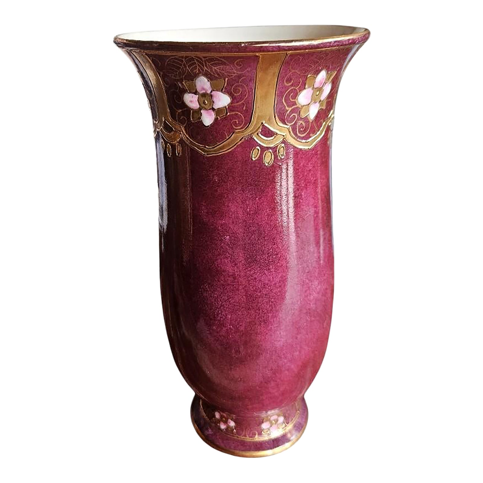 Vintage Japanese Style Cranberry Porcelain Vase Gold & Enamel Flowers ...
