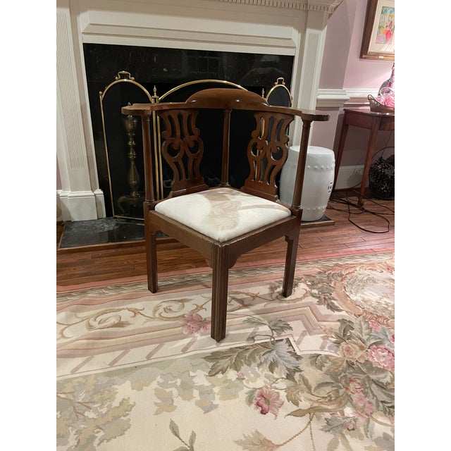 Antique Corner Chair With Carved Back and Upholstered Seat | Chairish