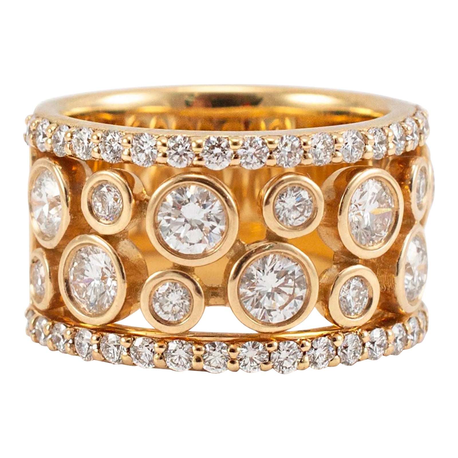 Ladies 18k Yellow Gold Wide Pave & Bezel Set Diamond Band Ring Size 6.5 ...