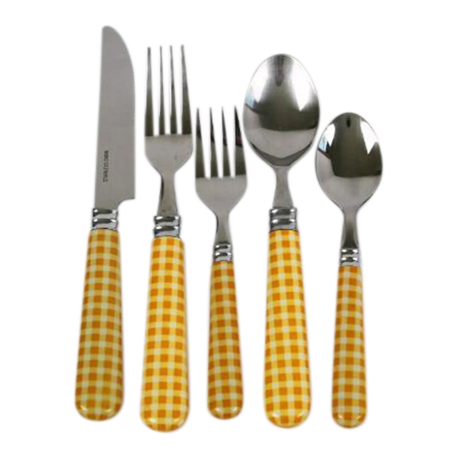 Vintage Stainless 18/0 Flatware Set With Yellow Plaid Acrylic Handles- 19 Pieces | Chairish