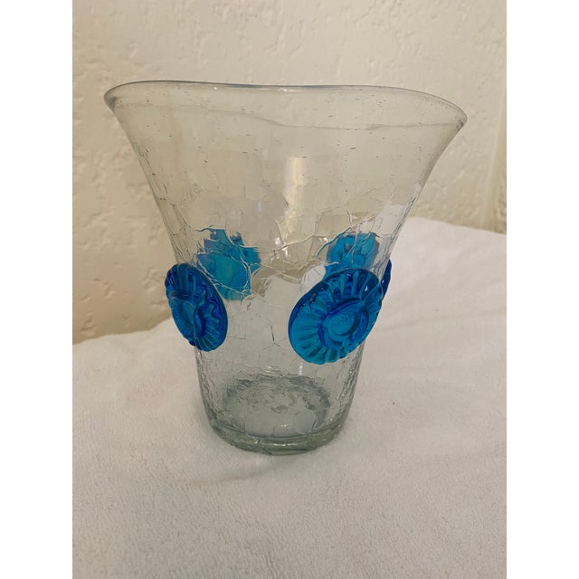 Vintage Blenko Crackle Glass Vase With Blue Prunts Chairish