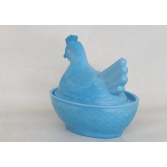 Heisey Blue Slag Glass Chicken Hen on Nest Small Covered Dish | Chairish