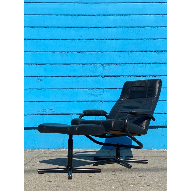 Post Modern Danish Kebe of Denmark Black Leather Recliner and Ottoman ...