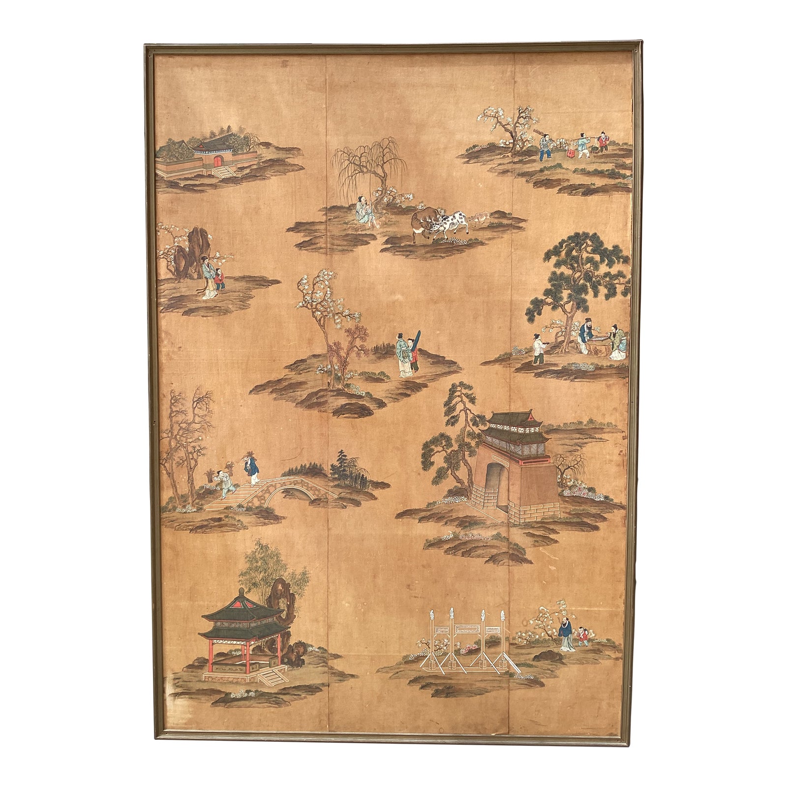 Antique Hand Painted Chinese Wallcovering on Board Featuring Pagodas ...