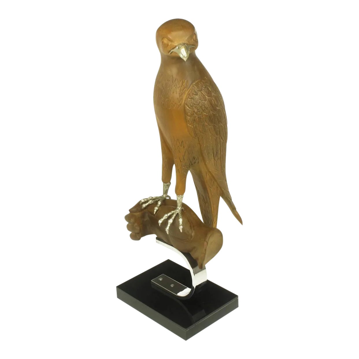 Carved Wood & Silver Sculpture of Raptor Bird on Falconer's Hand | Chairish