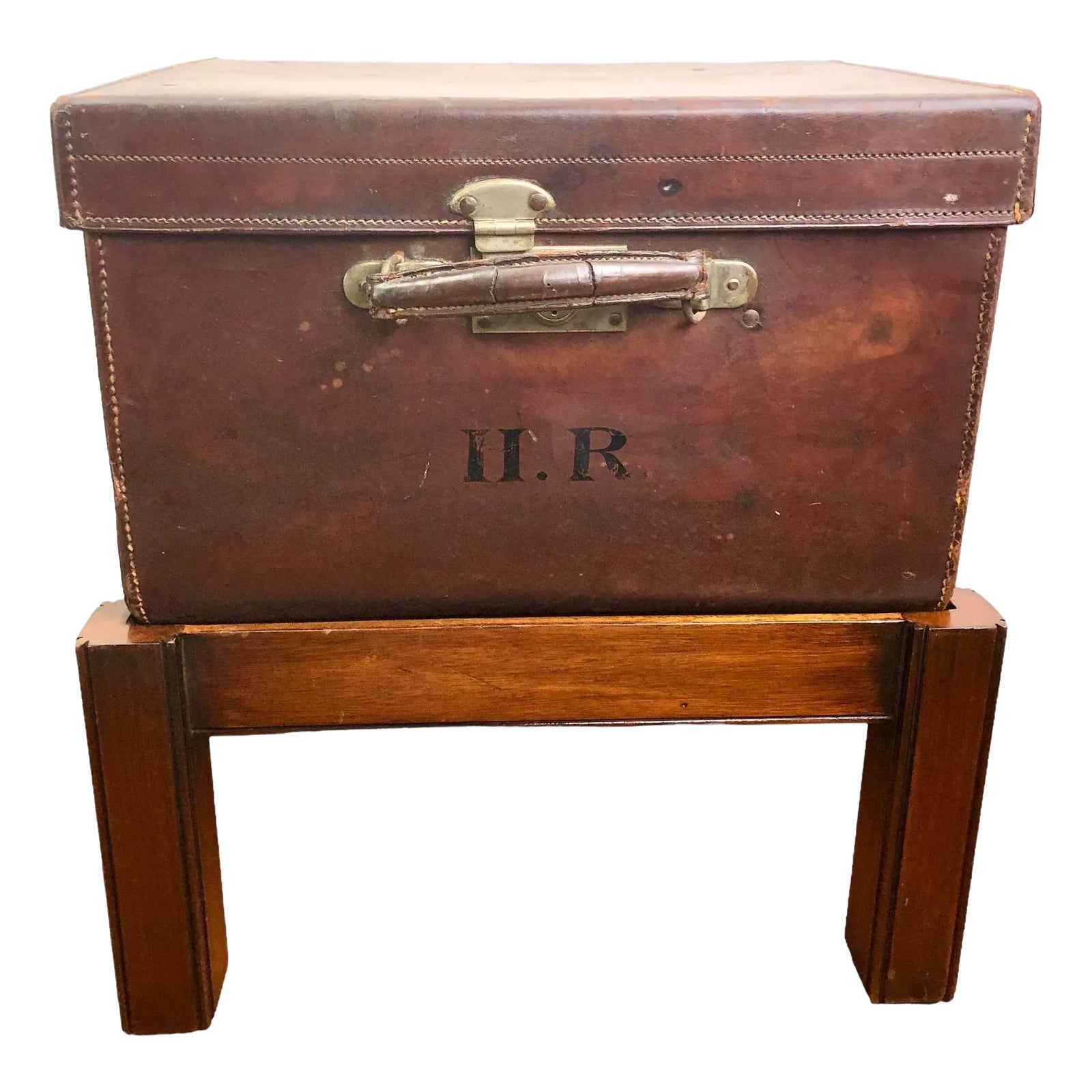 1900's English Leather Trunk on Stand | Chairish