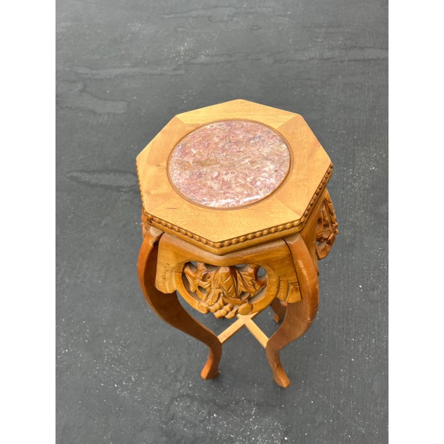 Mid Century Chinoiserie Carved Wood Marble Top Plant Stand Pedestal ...