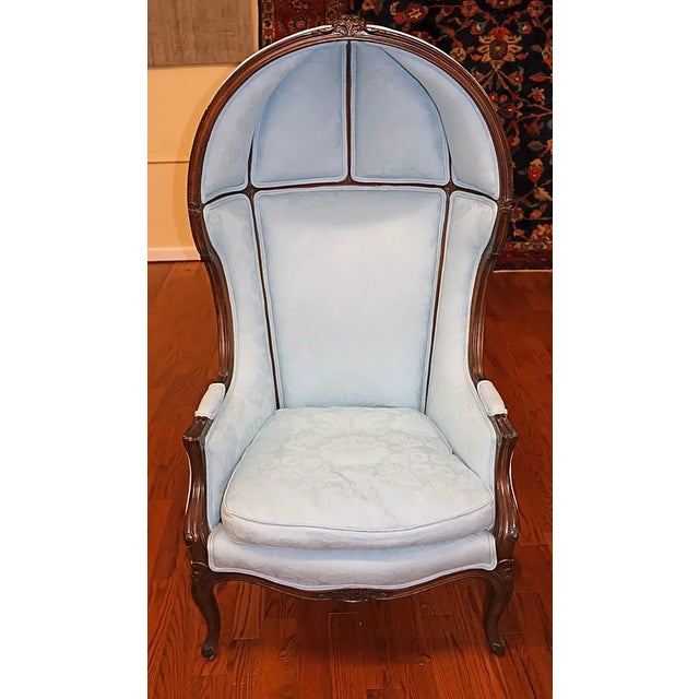 French Louis XV Style Blue Damask Fabric Hooded Porters Chair | Chairish