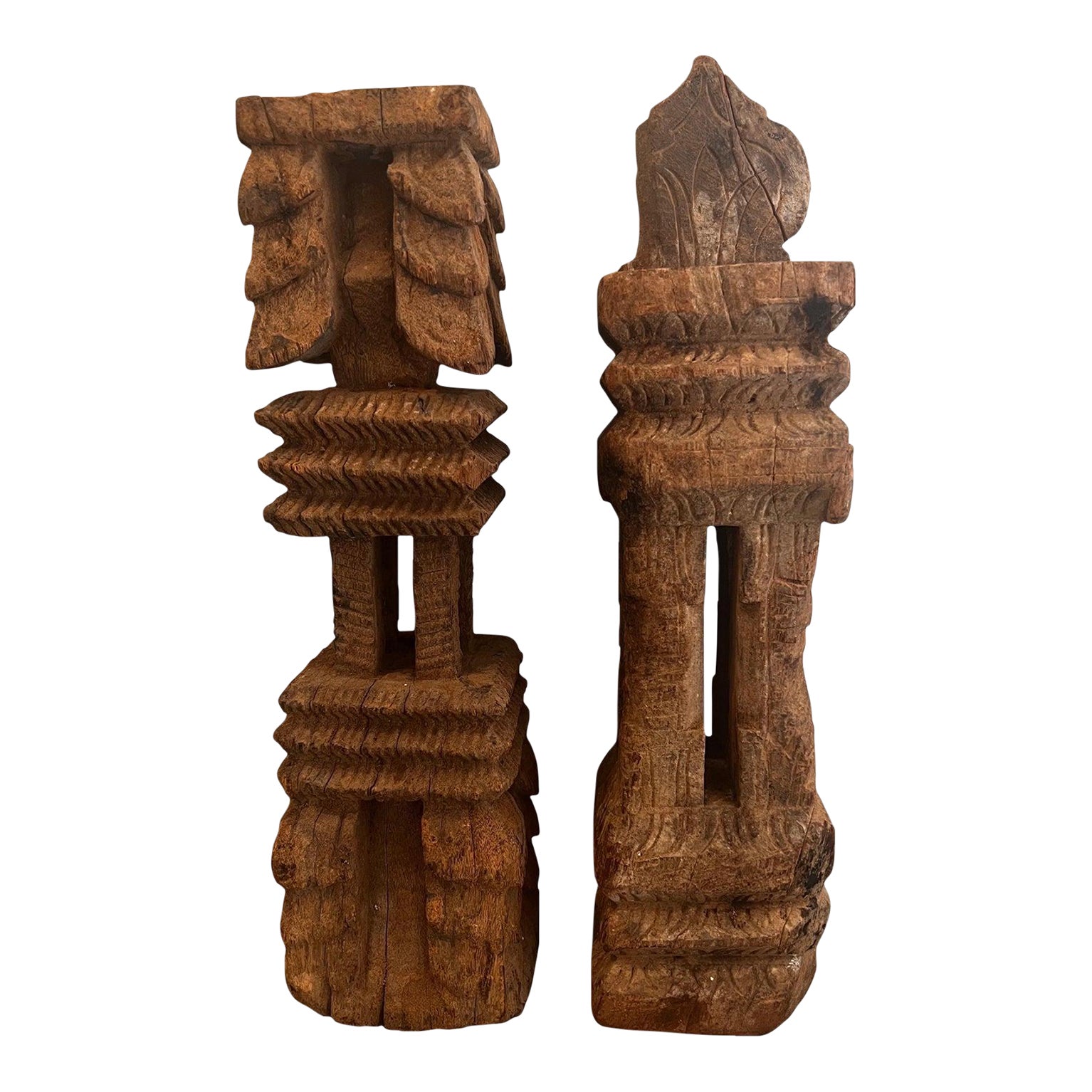 18th Century Carved Wooden Candle Sticks from Burma - A Pair | Chairish