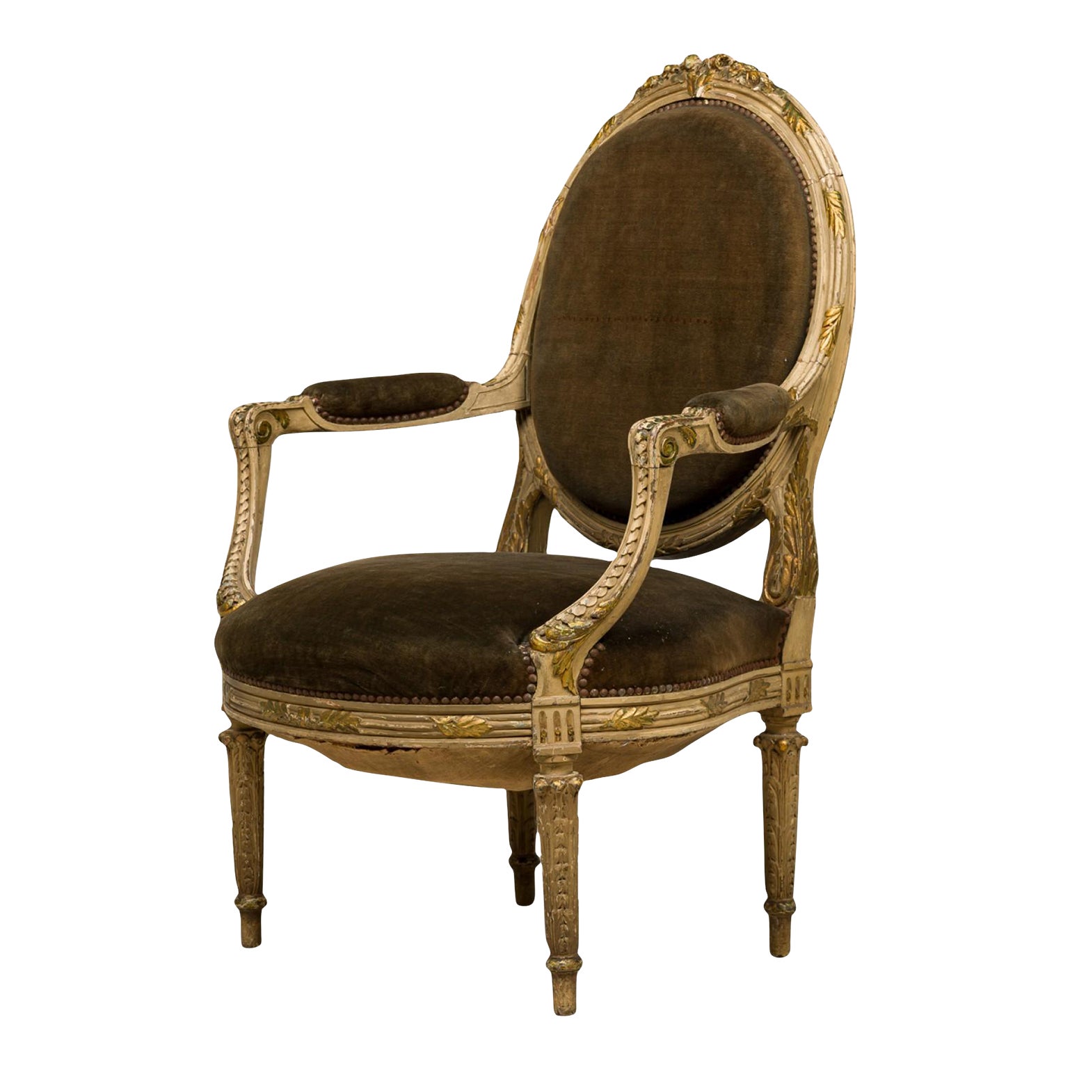 French Louis XVI Style Oval Back Carved Wood Green Velvet Upholstered ...