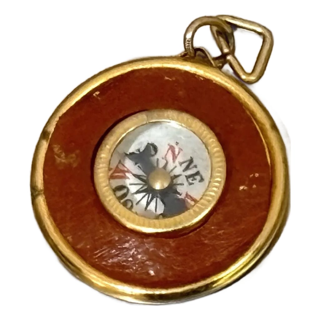 Gold Tone & Leather Compass Pendant | Chairish