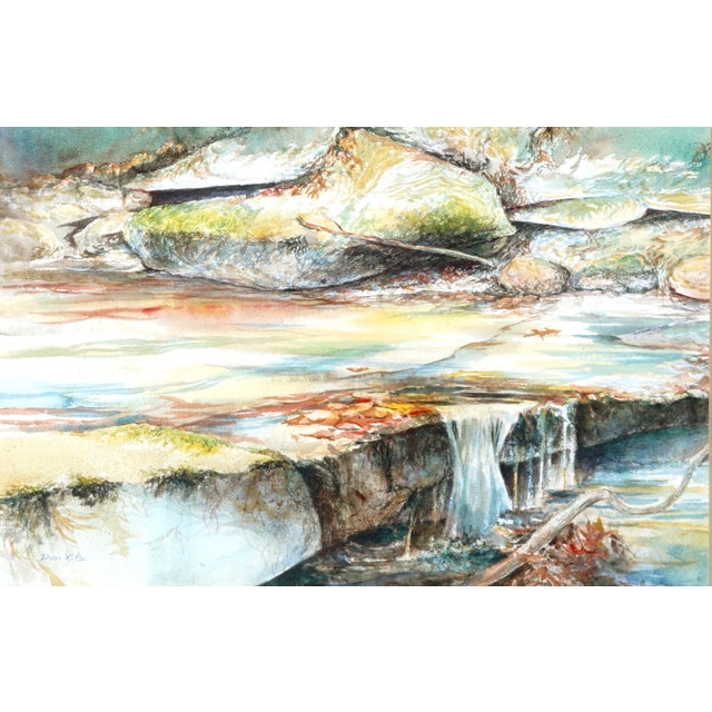 Vintage Watercolor Landscape -- Falling Water, Peaceful Forest Stream ...