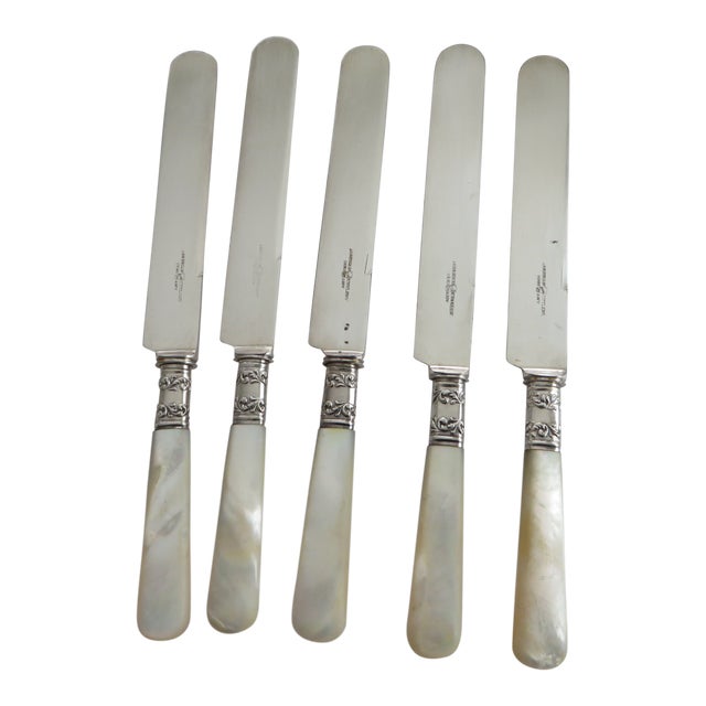 Antique Mother Of Pearl And Sterling Collar American Cutlery Company Dinner Knives Set Of 5