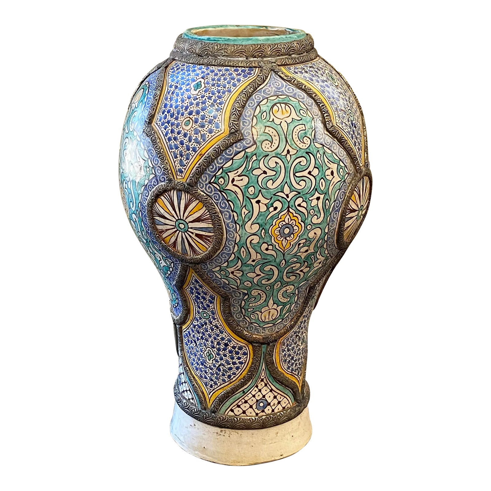 Vintage Moroccan Bleu De Fez Ceramic Floor Vase with Metal Filigree ...