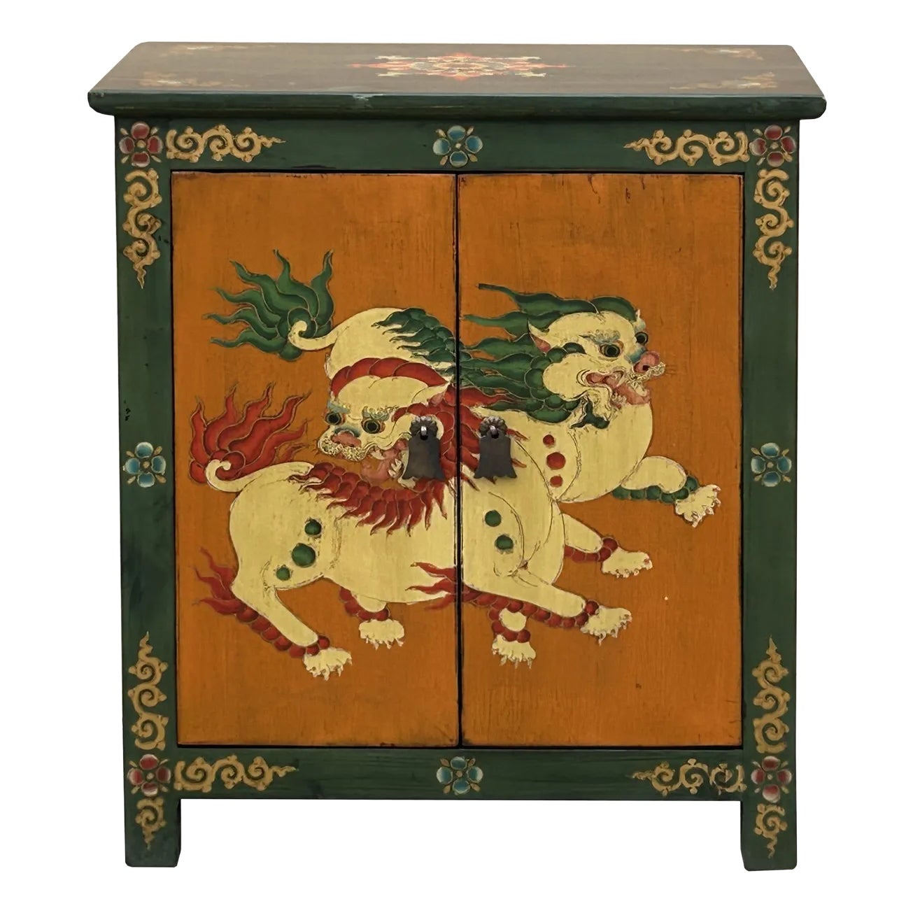 Tibetan Oriental Green Orange Foo Dogs Lions End Table Nightstand ...