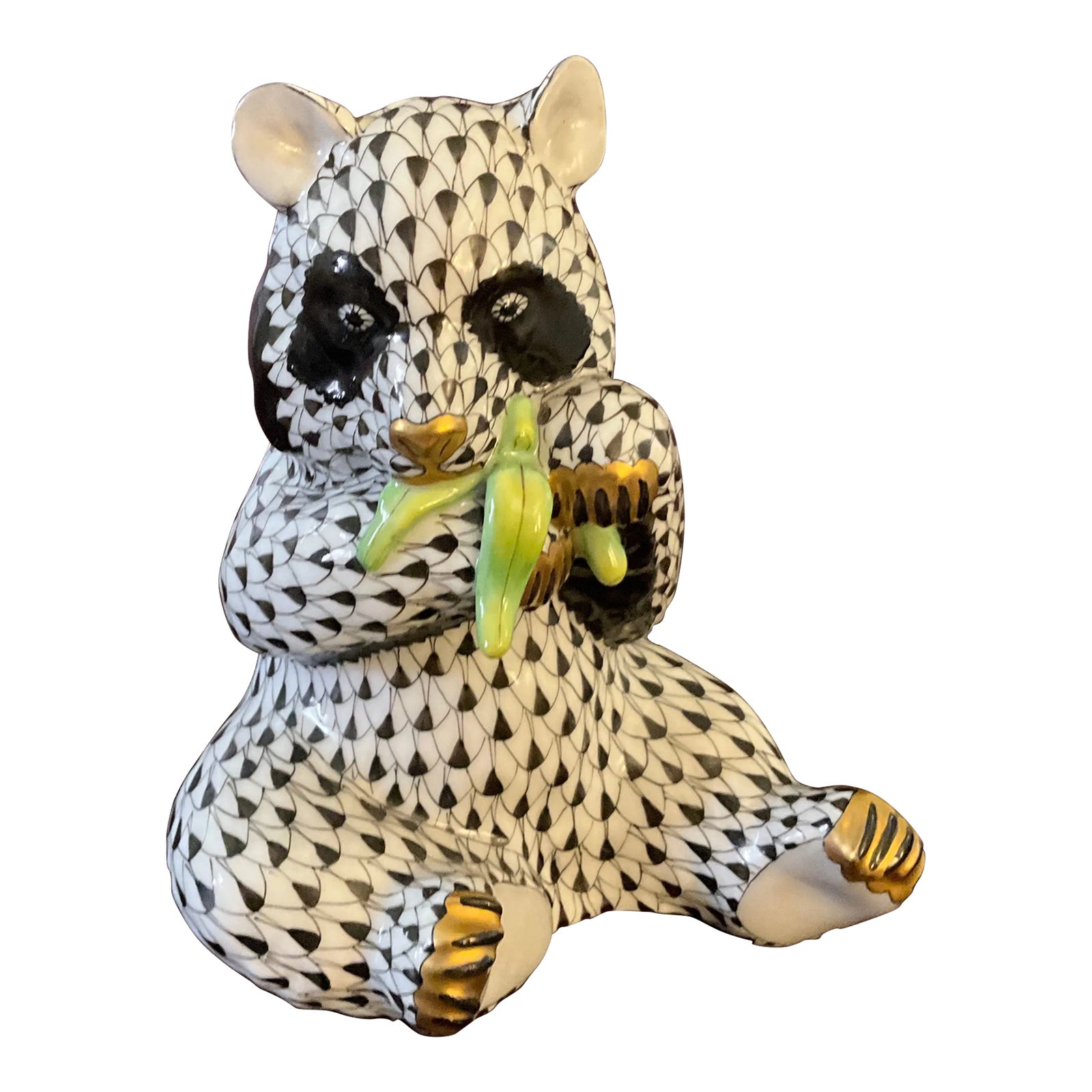 Herend Panda With Black Fishnet Pattern Eating Bamboo | Chairish