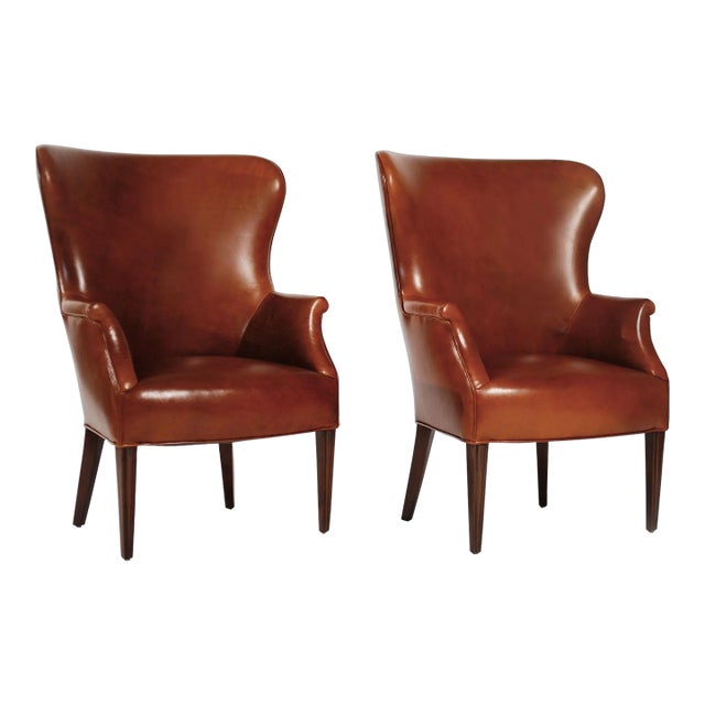 Set of Wingback Club Chairs in Cognac Leather, C. 1950s | Chairish