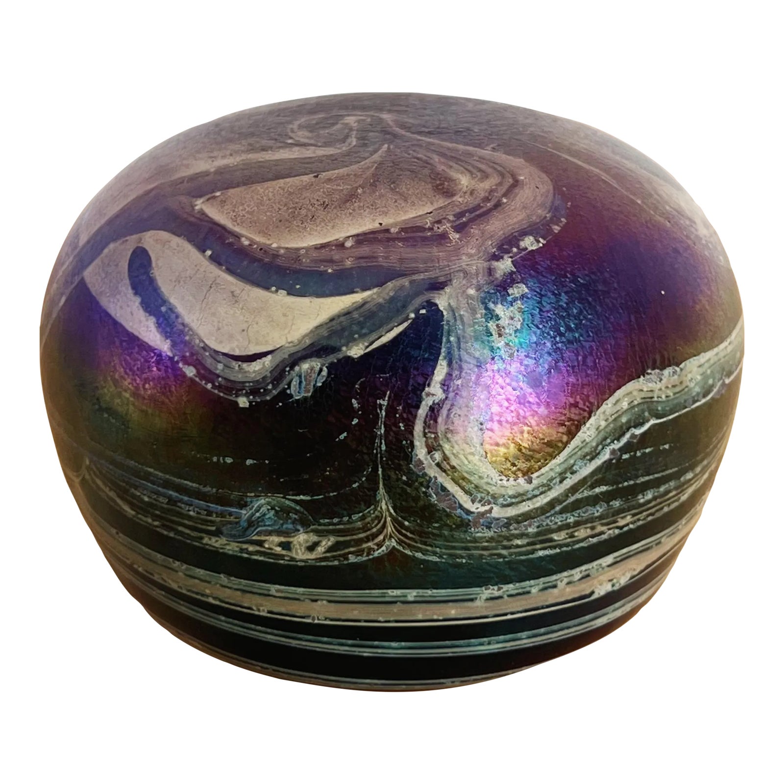 Antique Iridescent Glass Paper Weight With Swirl Pattern | Chairish