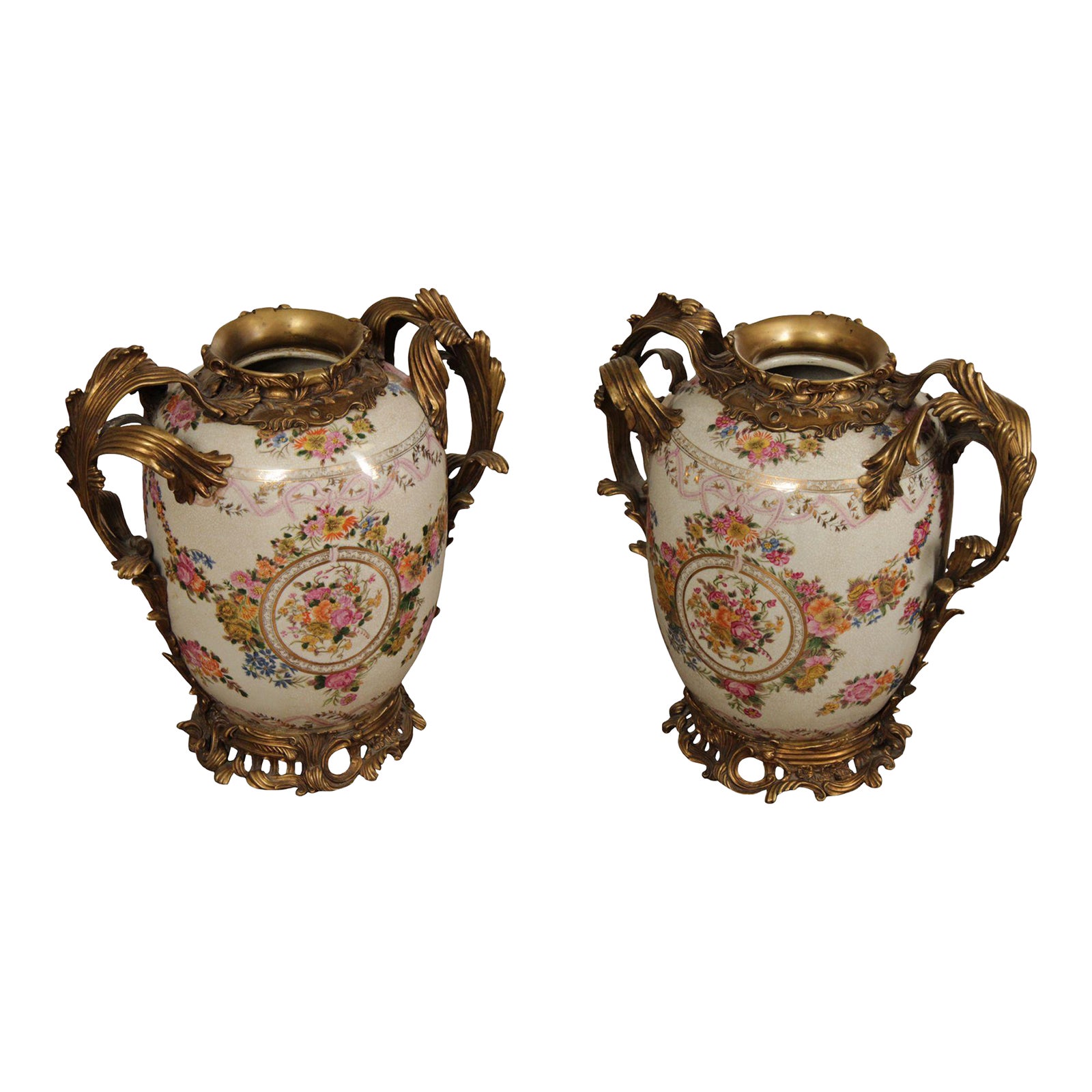 United Wilson Pair of Bronze Mounted Porcelain Vases | Chairish