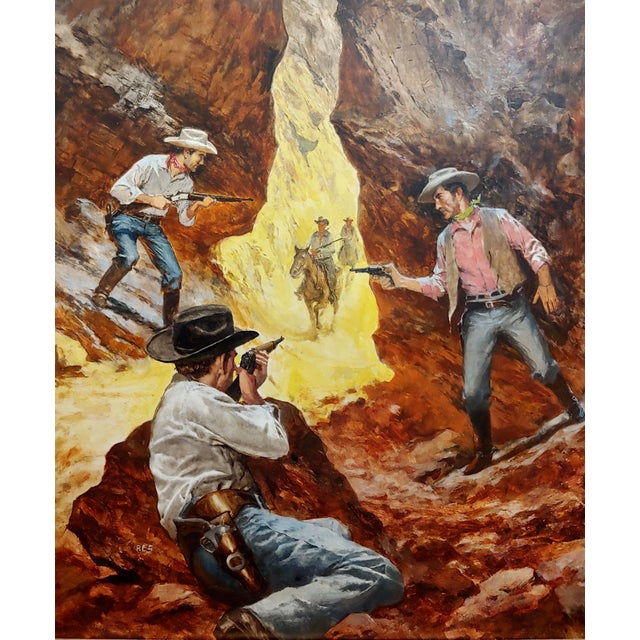 Cowboys Hiding in Canyon W/ Guns Drawn for Ambush -1930s Western Oil ...