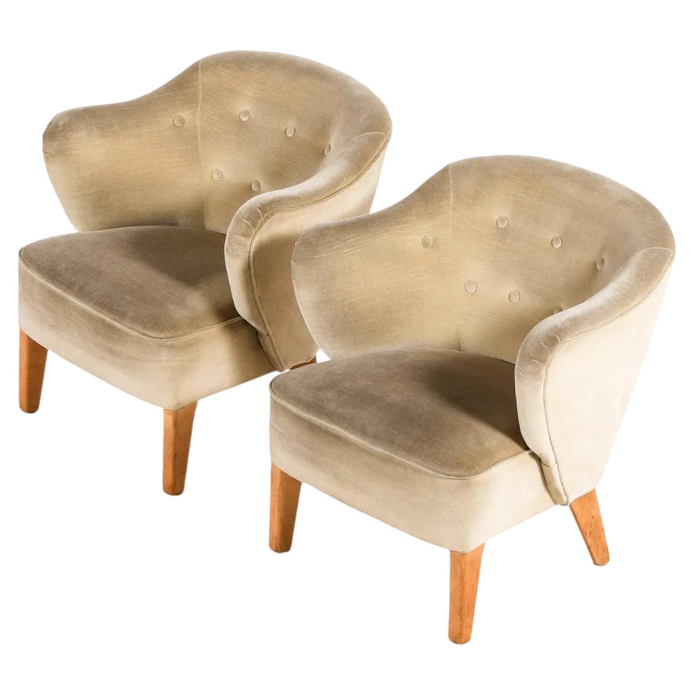 Set of Easy Chairs in Ash Legs with Velvet Mohair attributed to ...