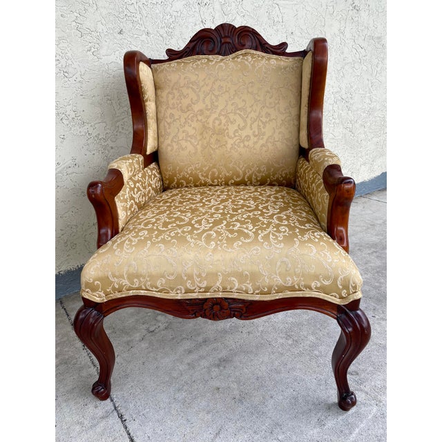 1920s Carved Mahogany French Library Silk Wingback Chairs - Set of 2 ...