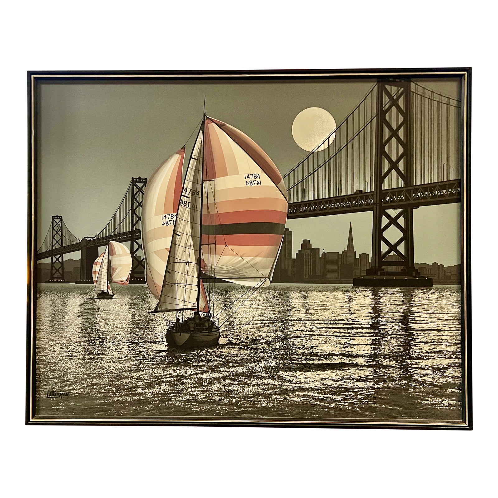 Mid Century Letterman San Francisco Bridge & Sail Boat Print | Chairish