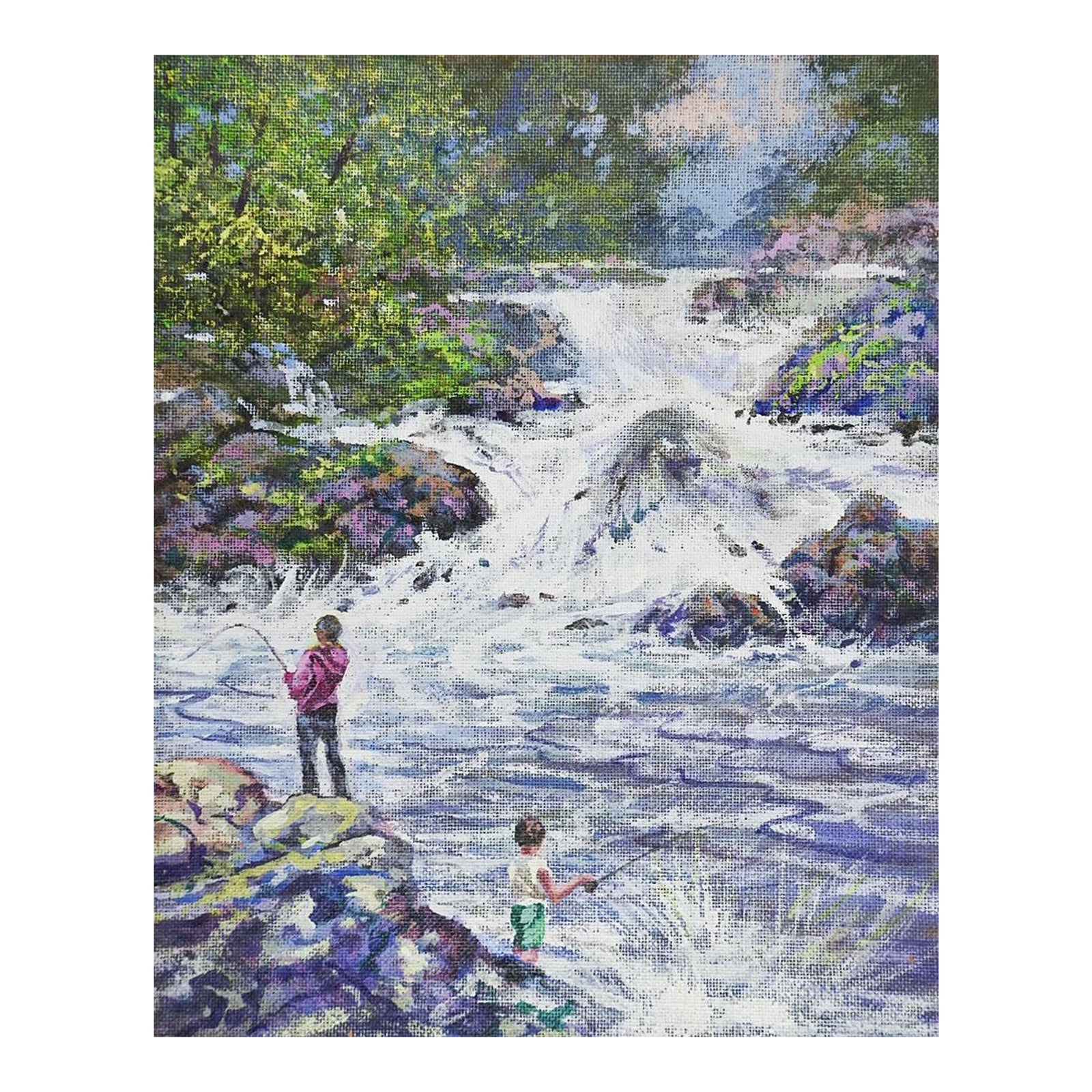 Simon Michael Whitewater River Fishing Impressionist Painting | Chairish