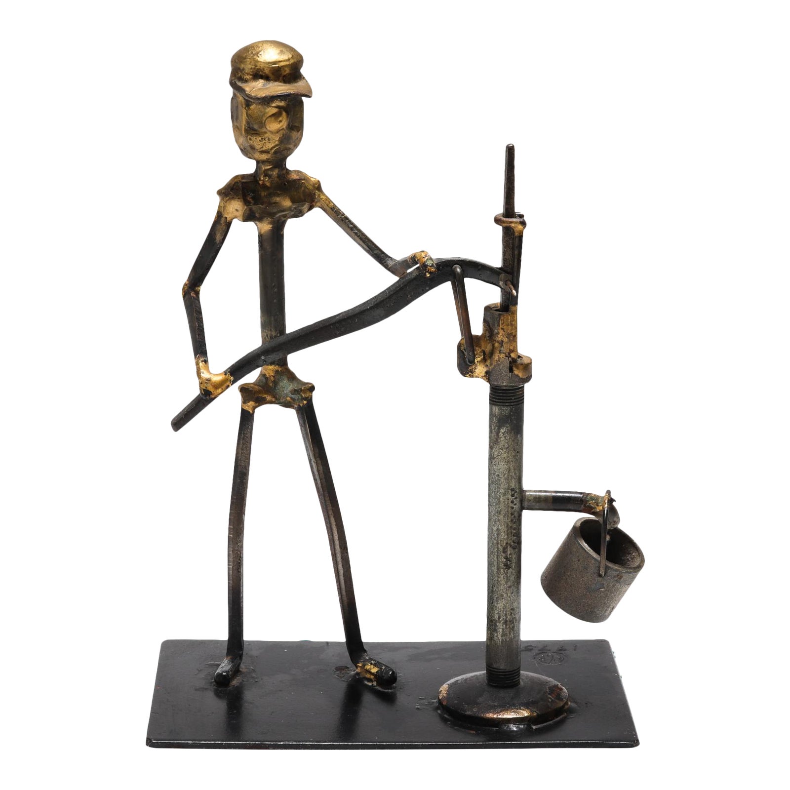 Brutalist "Man Pumping Water" Figural Sculpture in Metal | Chairish