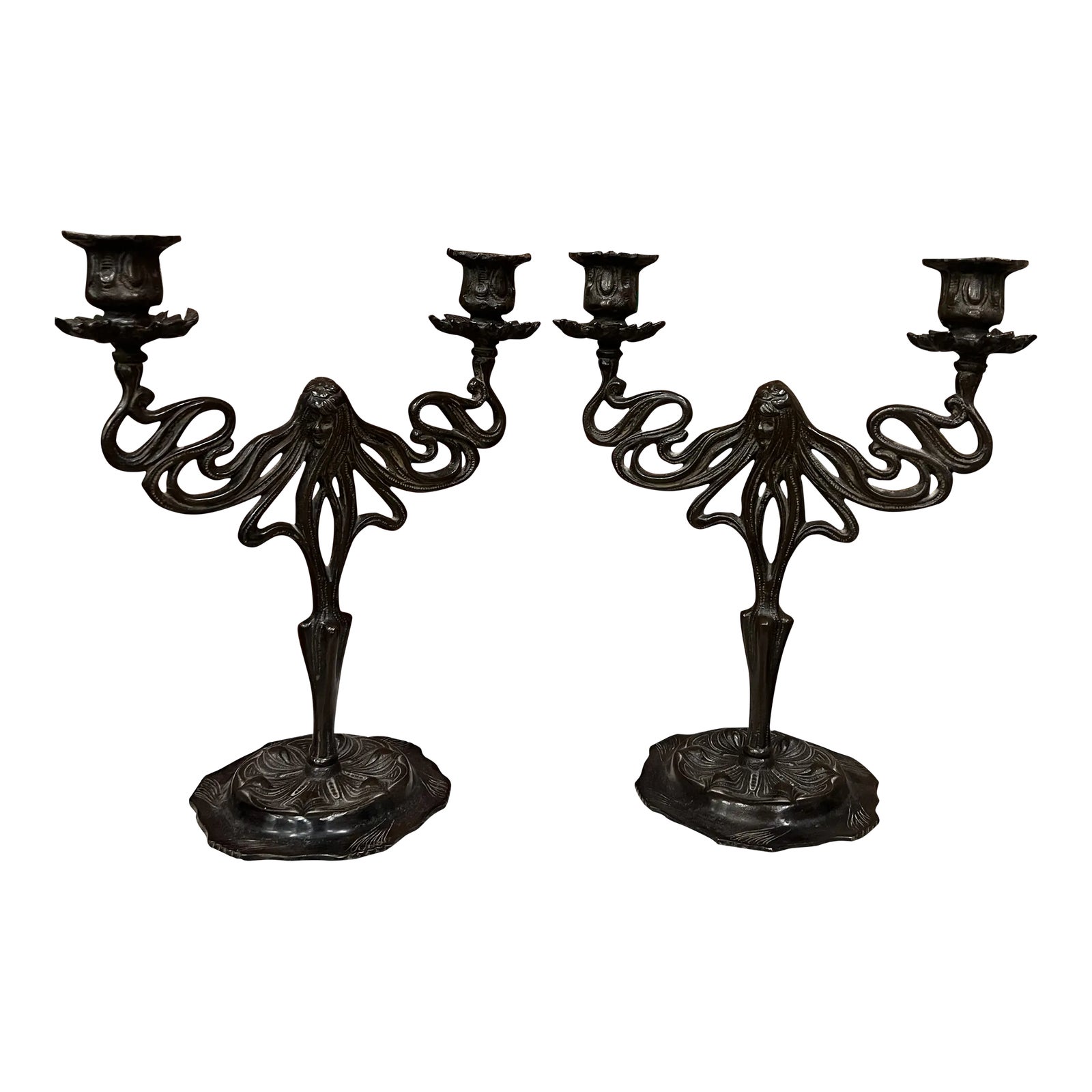 Late 20th Century Art Nouveau Sensuous Woman Candelabras in Cast Iron ...