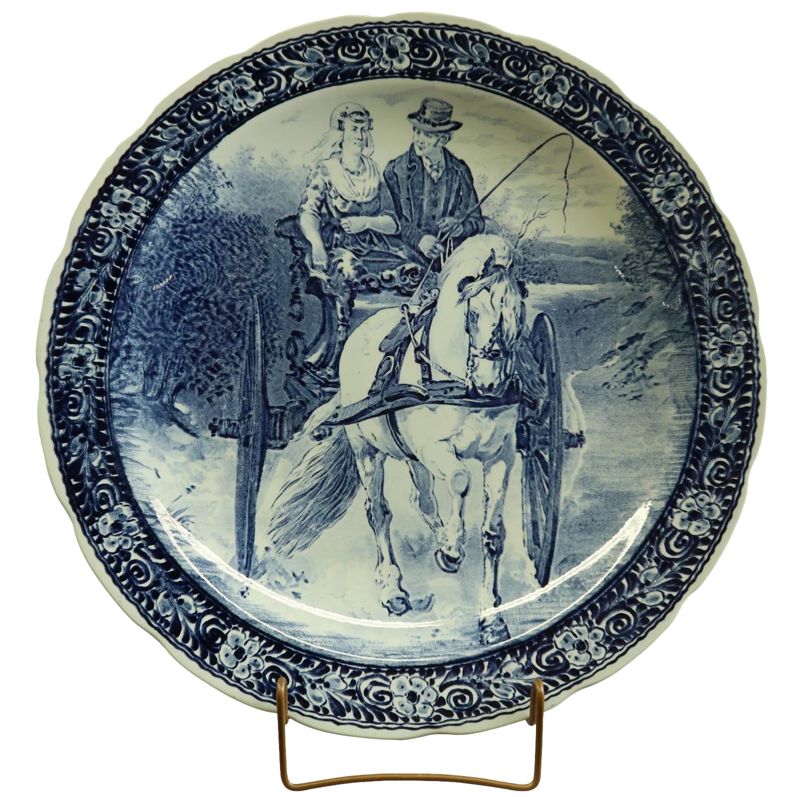 Plate, Boch Blue Delft Carriage Large White Black | Chairish