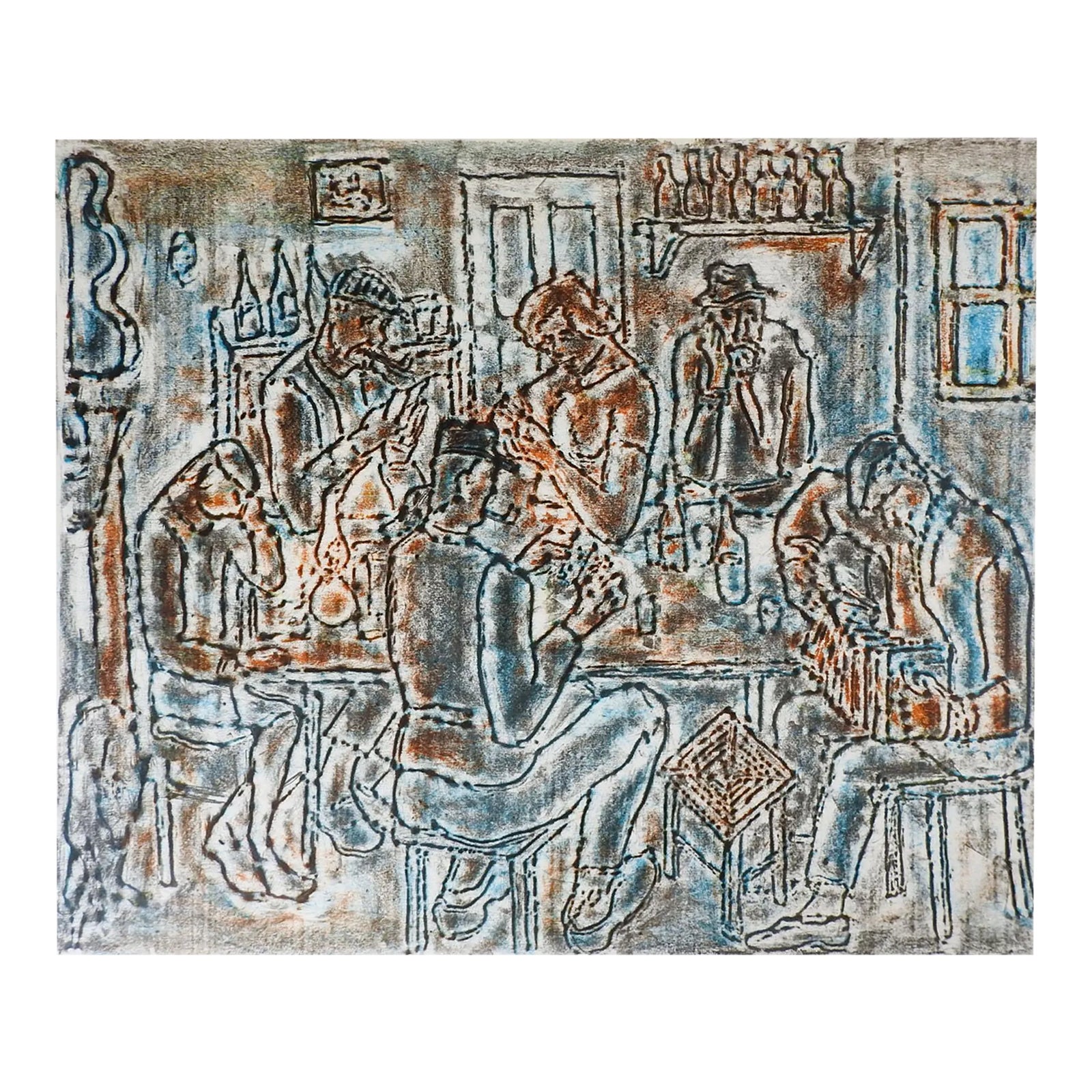 Vintage 1967 Gyula Zilzer Abstract Tavern Scene Lithograph | Chairish