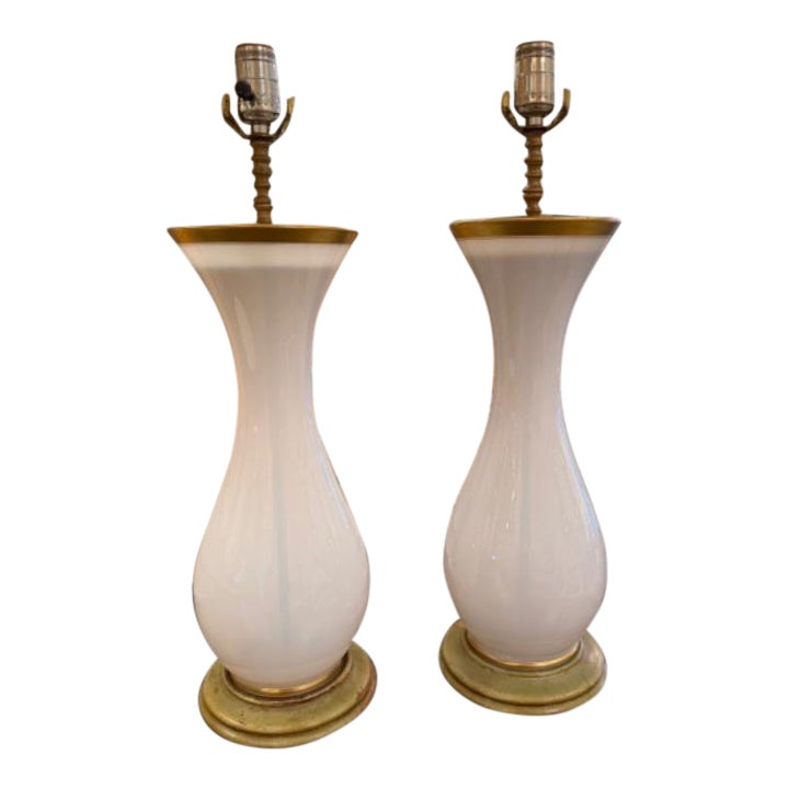 1950s Pair of Opaline and Gold Lamps | Chairish