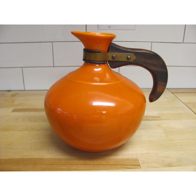 Vintage Bauer Wood Handle Pitcher in an Orange Glaze | Chairish