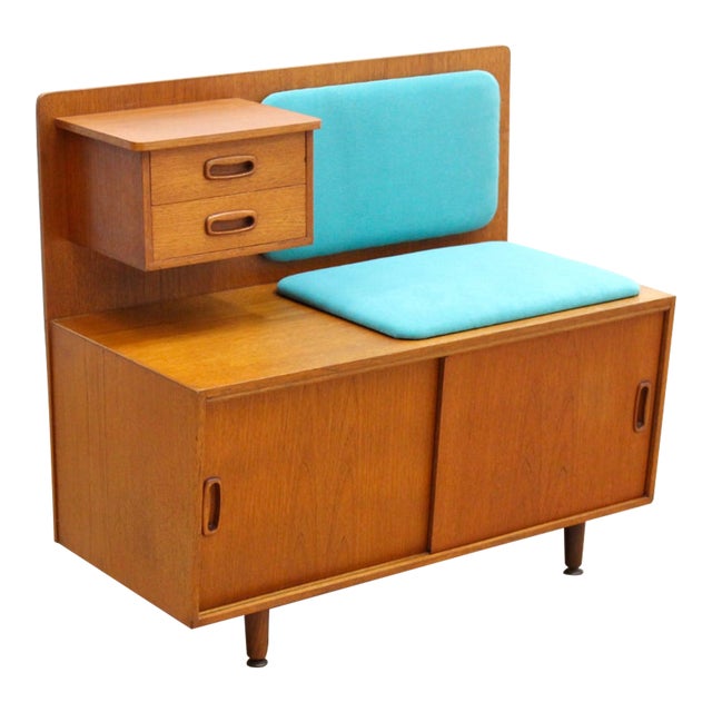 1960s Mid Century Teak Entryway Bench in Teal | Chairish