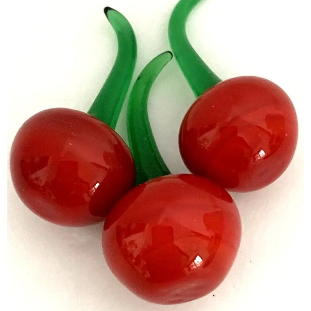 Murano Style Art Glass Cherries With Green Stems- Set of 3 | Chairish