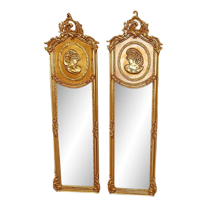 Pair of Tall 1990s Narrow Louis XV French Style Gold Figural Beveled ...