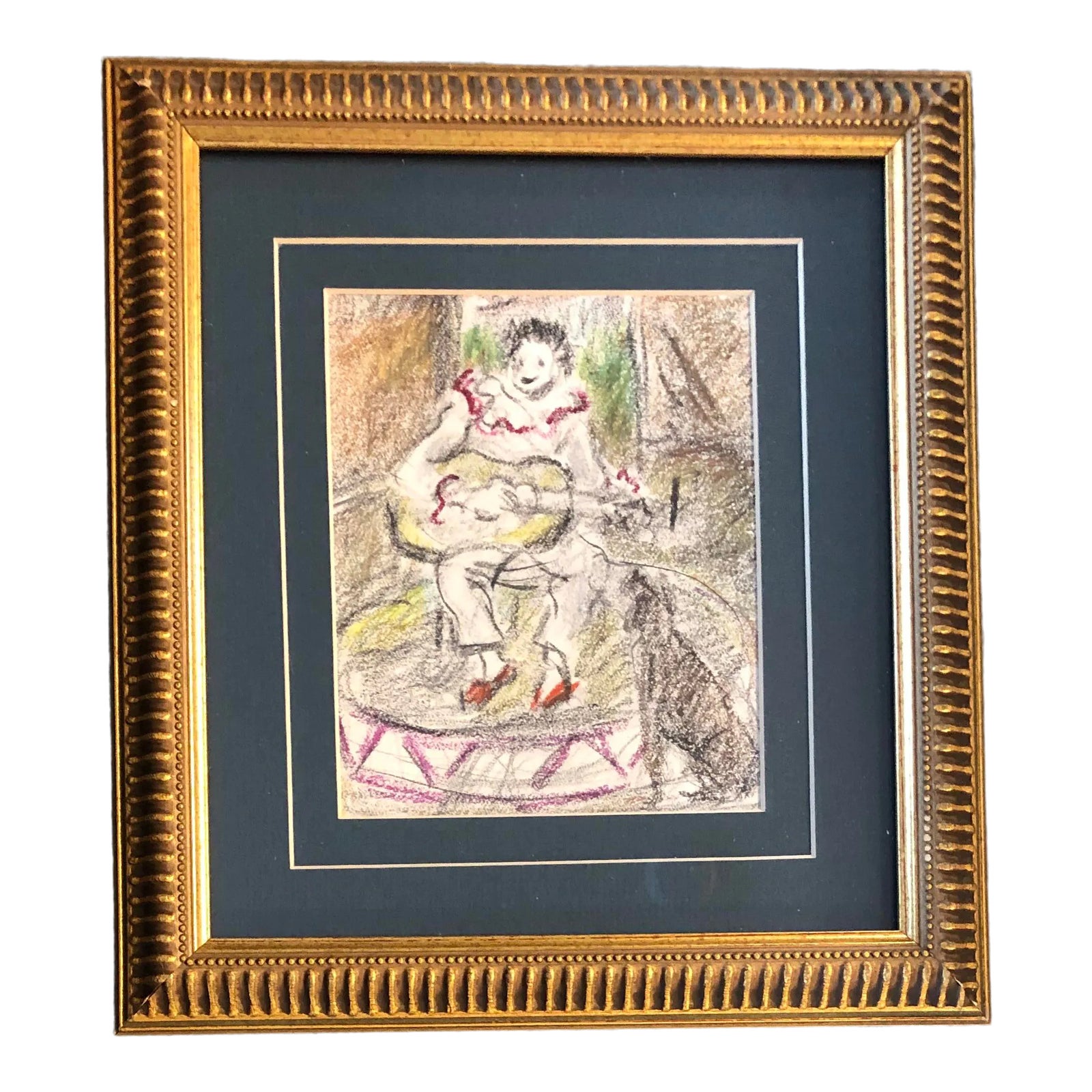 Original Vintage Crayon Study Circus Drawing Clown With Guitar & Dog ...