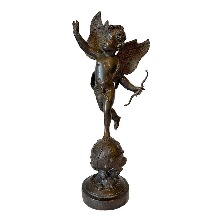 Vintage Patinated Bronze Cupid With Bow Sculpture, Spain | Chairish